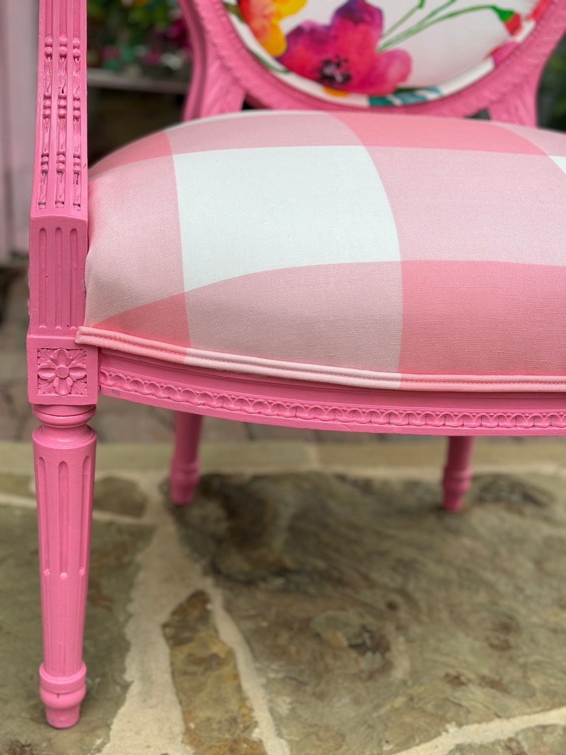 Floral French Chair – Custom Pink Accent With Buffalo Check - Etsy