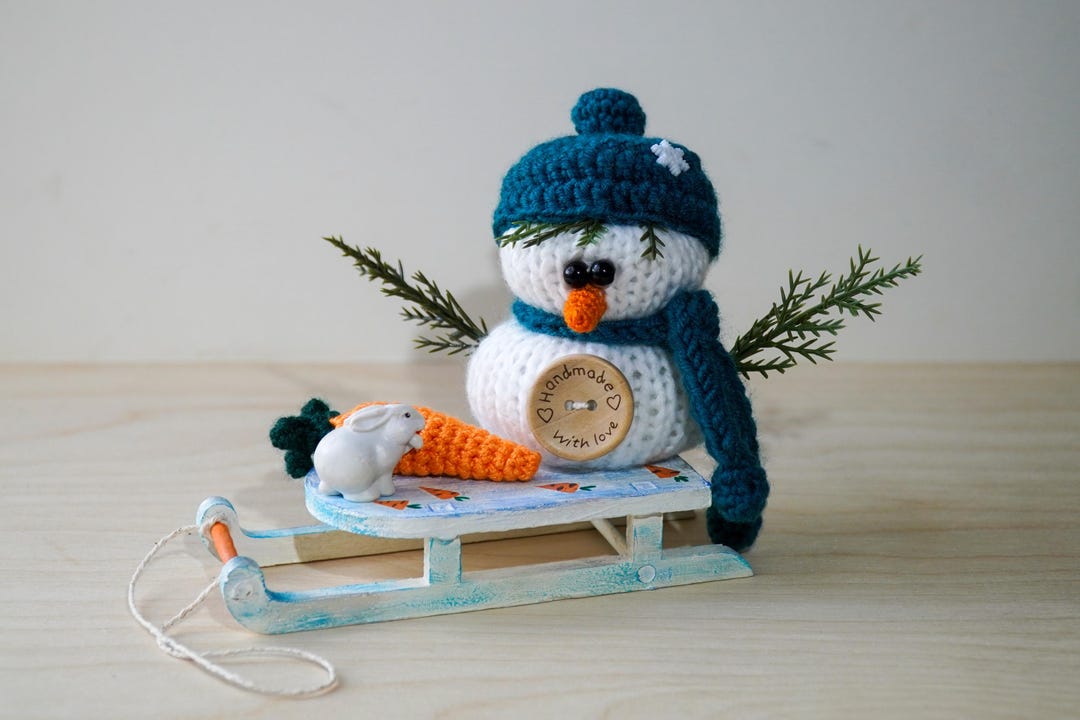 Mini Knitted Snowman With Wooden Sled and Crochet Carrot and Tiny Bunny ...