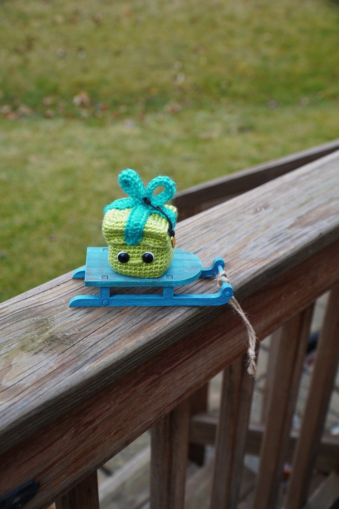 Hand Painted Mini Wooden Sled Ornament With Crochet Gift Box Figurine ...