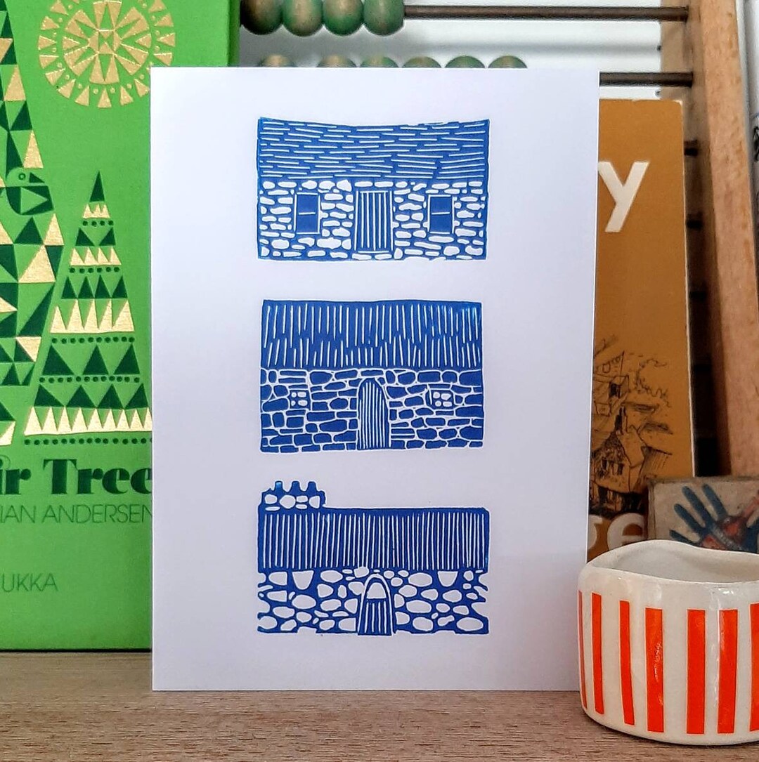 Blue Cottages Linocut Greetings Card Blank Inside - Etsy