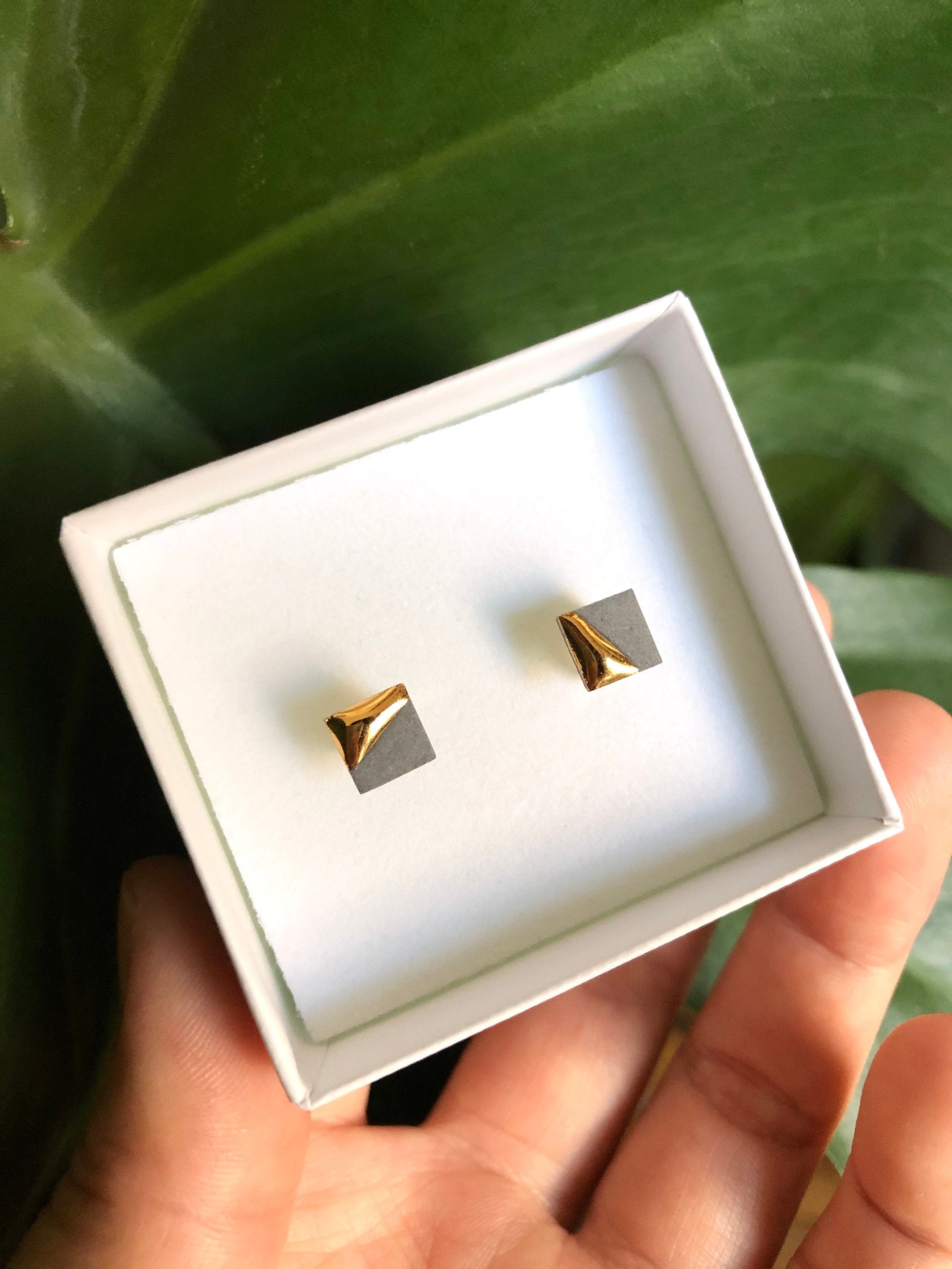 Gold Dipped Square Studs - 22k Gold Glaze - Etsy