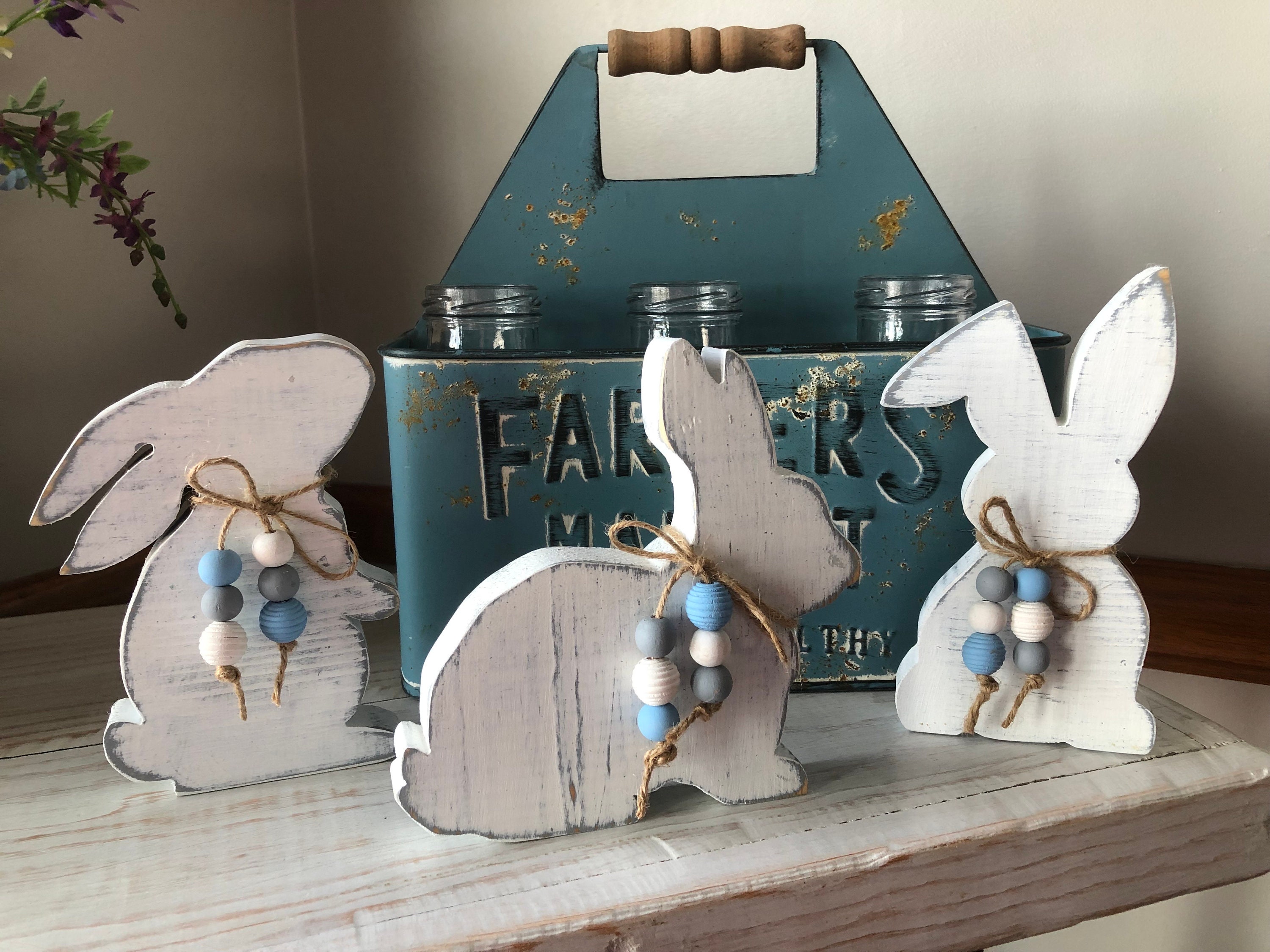 Set of Three Wooden Bunnies - Etsy