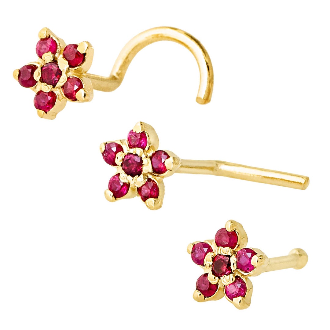6-stone Ruby Flower Nose Ring 22G Solid 14kt Gold Nose Stud, Nose Screw ...