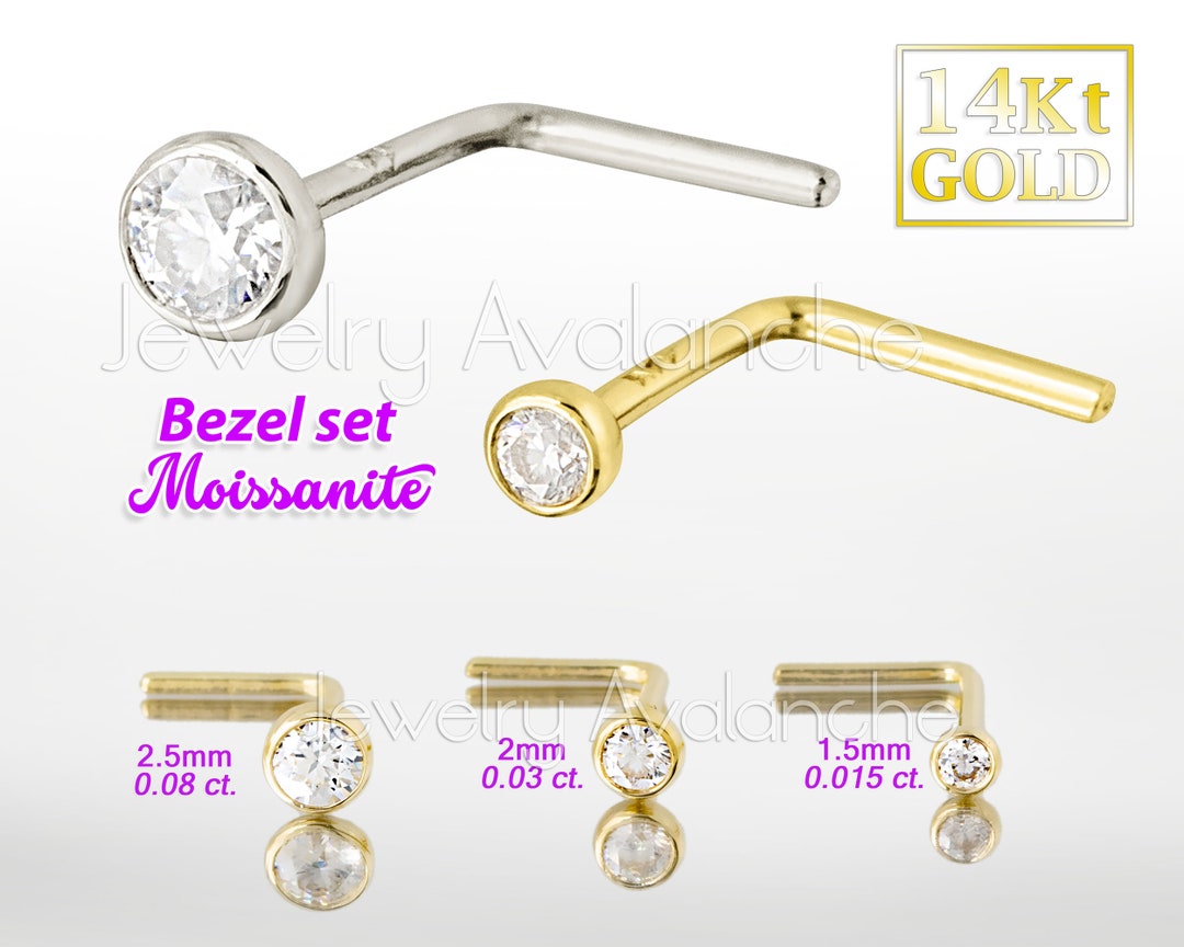 Solid 14kt White / Yellow Gold 22G L-shape Stud With Bezel Set ...