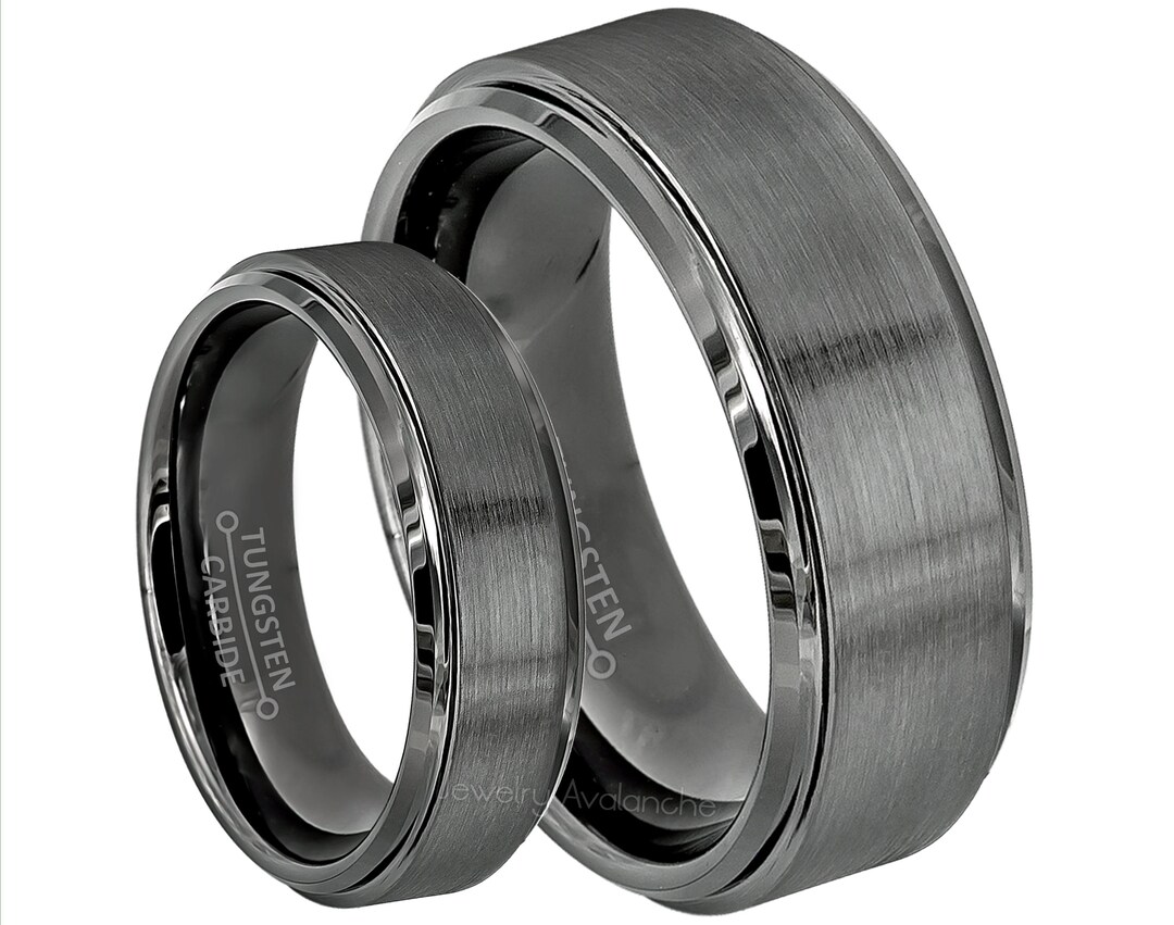 Gunmetal Tungsten Wedding Band Set, 6mm-8mm Brushed Tungsten Wedding ...