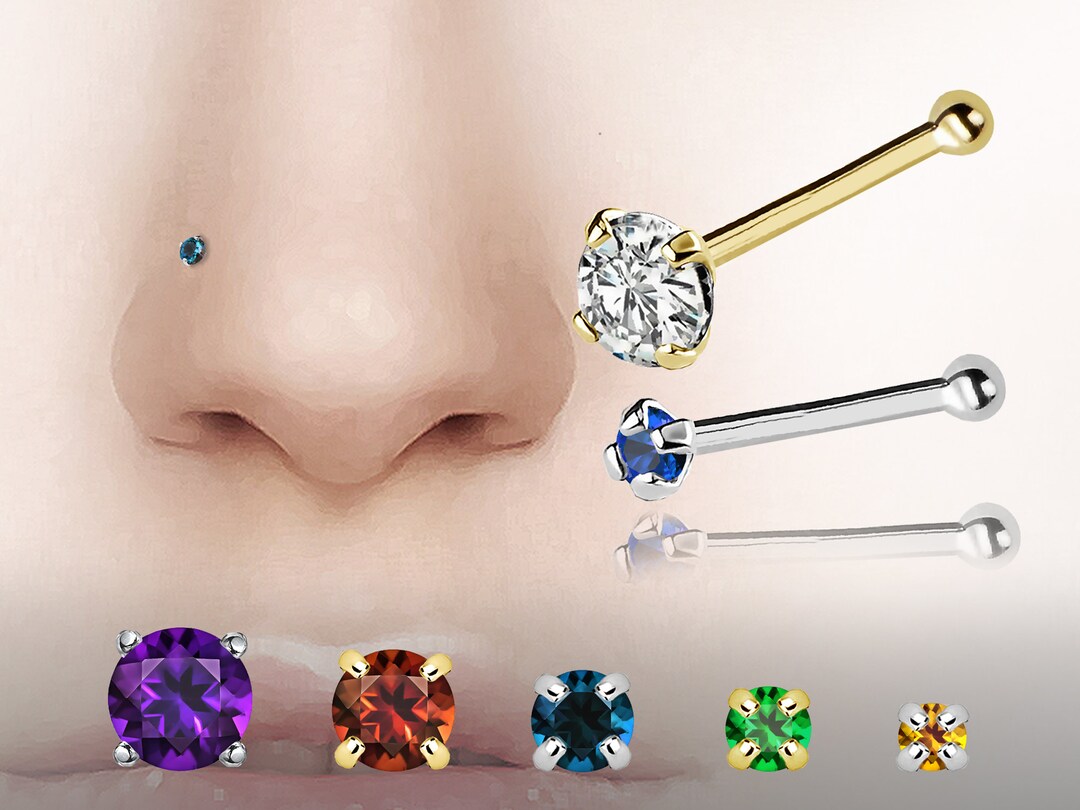 Personalized Gemstone Nose Stud 22G Solid 14kt Gold Nose Bone Stud With ...