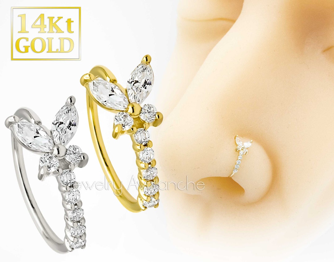 Solid 14kt Yellow Gold Butterfly Nose Ring, 20G Nose Hoop Ring, 8mm Diameter, CZ Accented ...