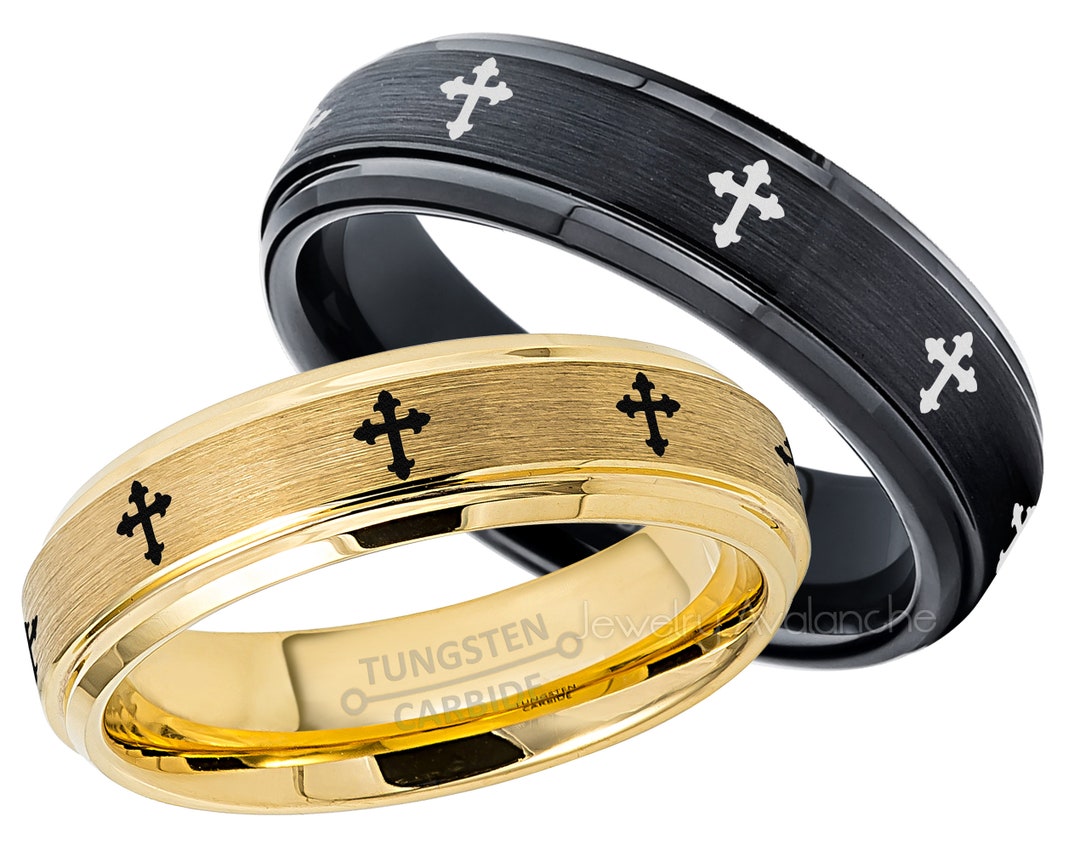 Lasergraviertes Kreuz Wolfram Ehering Set, Schwarz & Gelb Gold IP ...