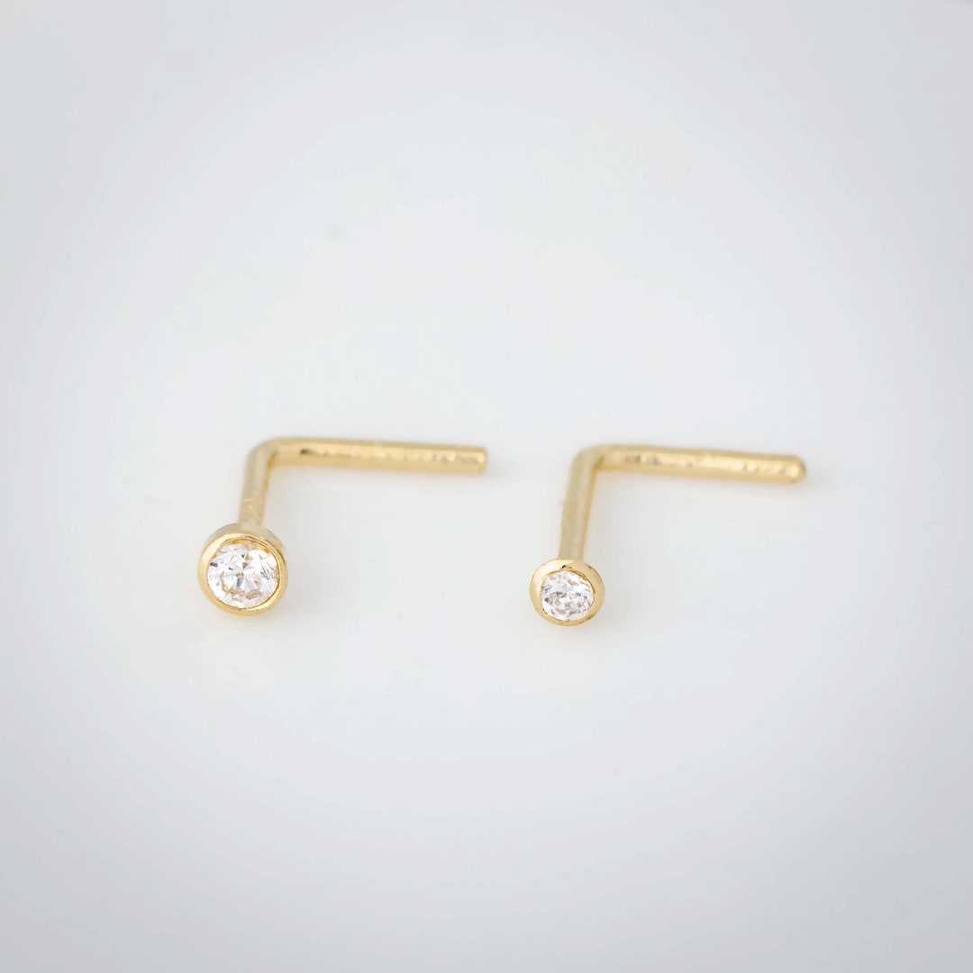 Solid 14kt Yellow Gold Nose Bone / L-shape Stud With Bezel Set CZ, 22G ...