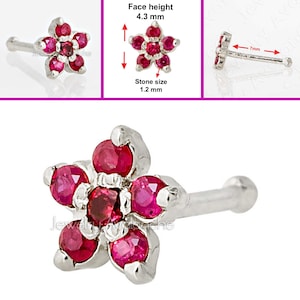 6-stone Ruby Flower Nose Ring 22G Solid 14kt Gold Nose Stud, Nose Screw ...
