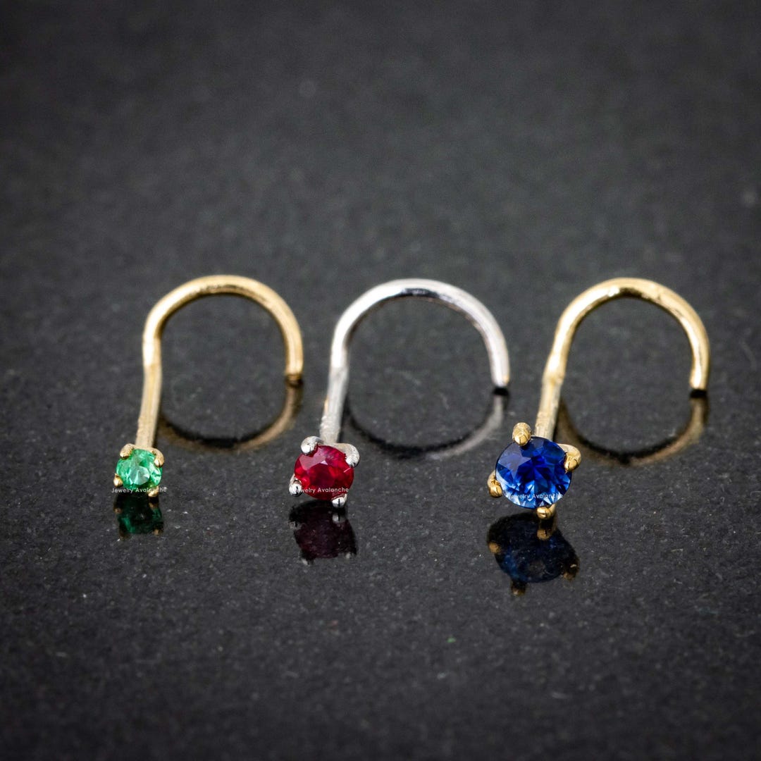 Personalized Gemstone Nose Stud - 22G Solid 14kt Gold Nose Screw With ...
