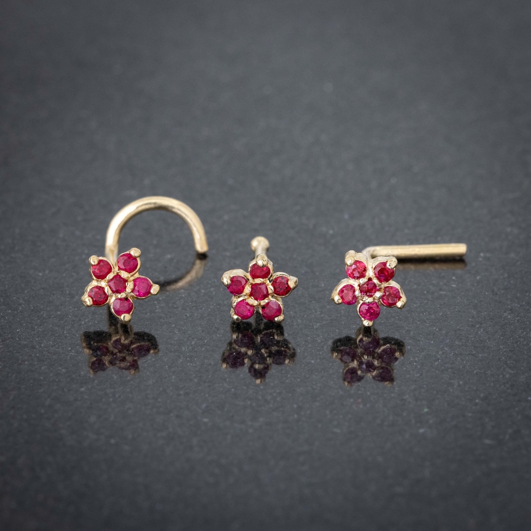 6-stone Ruby Flower Nose Ring 22G Solid 14kt Gold Nose Stud, Nose Screw ...