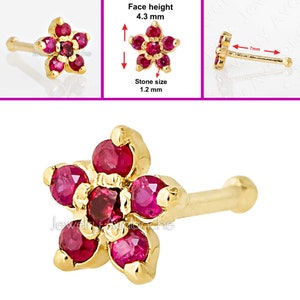 6-stone Ruby Flower Nose Ring 22G Solid 14kt Gold Nose Stud, Nose Screw ...