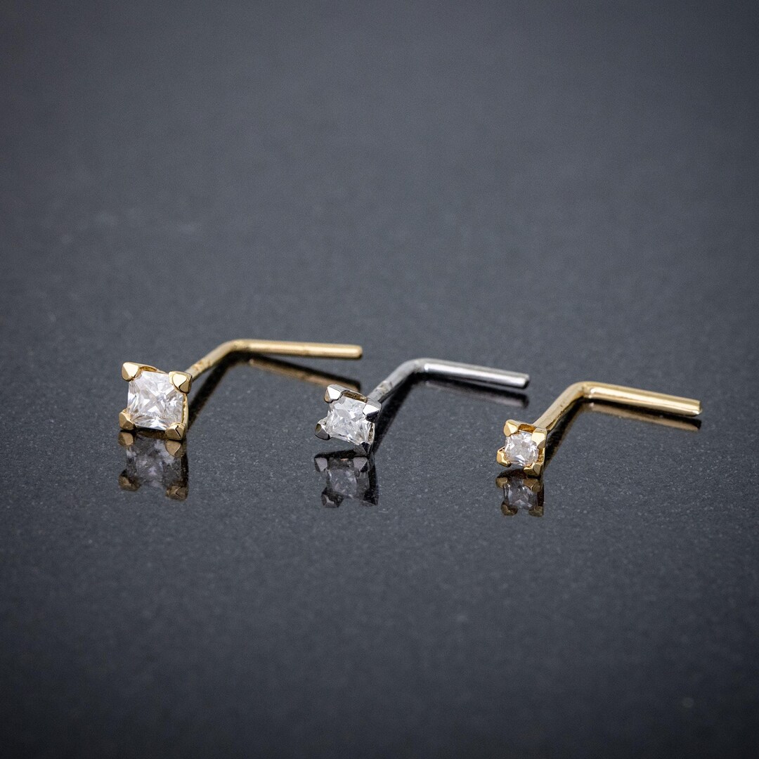 22G 14K Gold L-shape Nose Stud Princess Cut Moissanite Gemstone V-prong ...