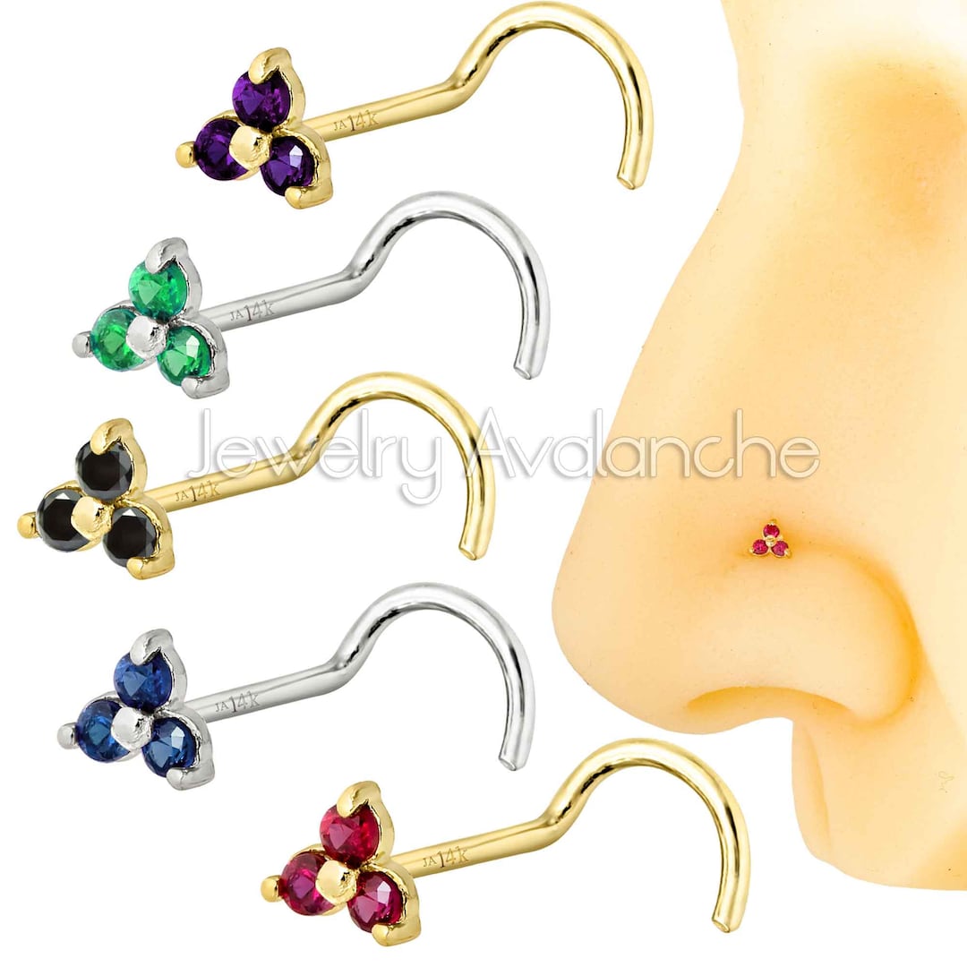 Customized 3-stone 14K Gold Nose Screw Nose Stud Prong Set Gemstone or ...