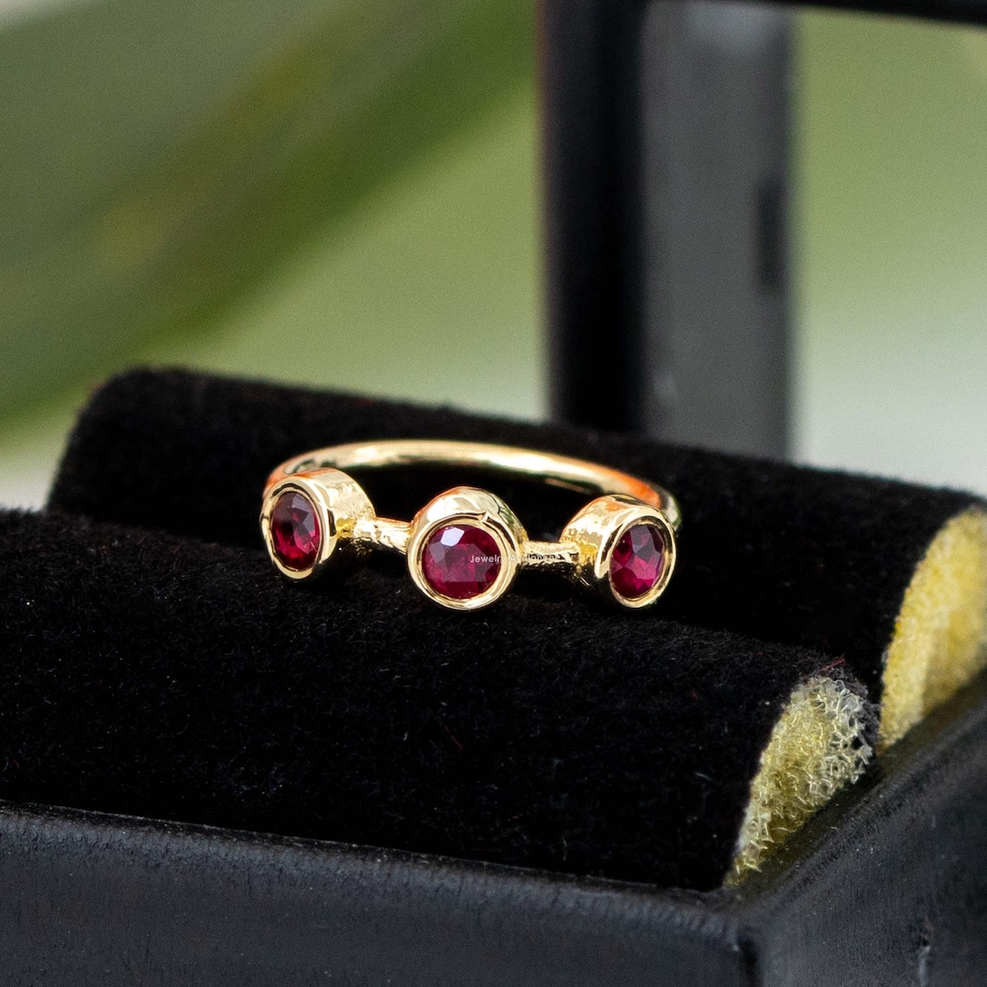 20G Solid 14K Yellow Gold Ruby Nose Ring Bezel Set 3-STONE Ruby Nose ...