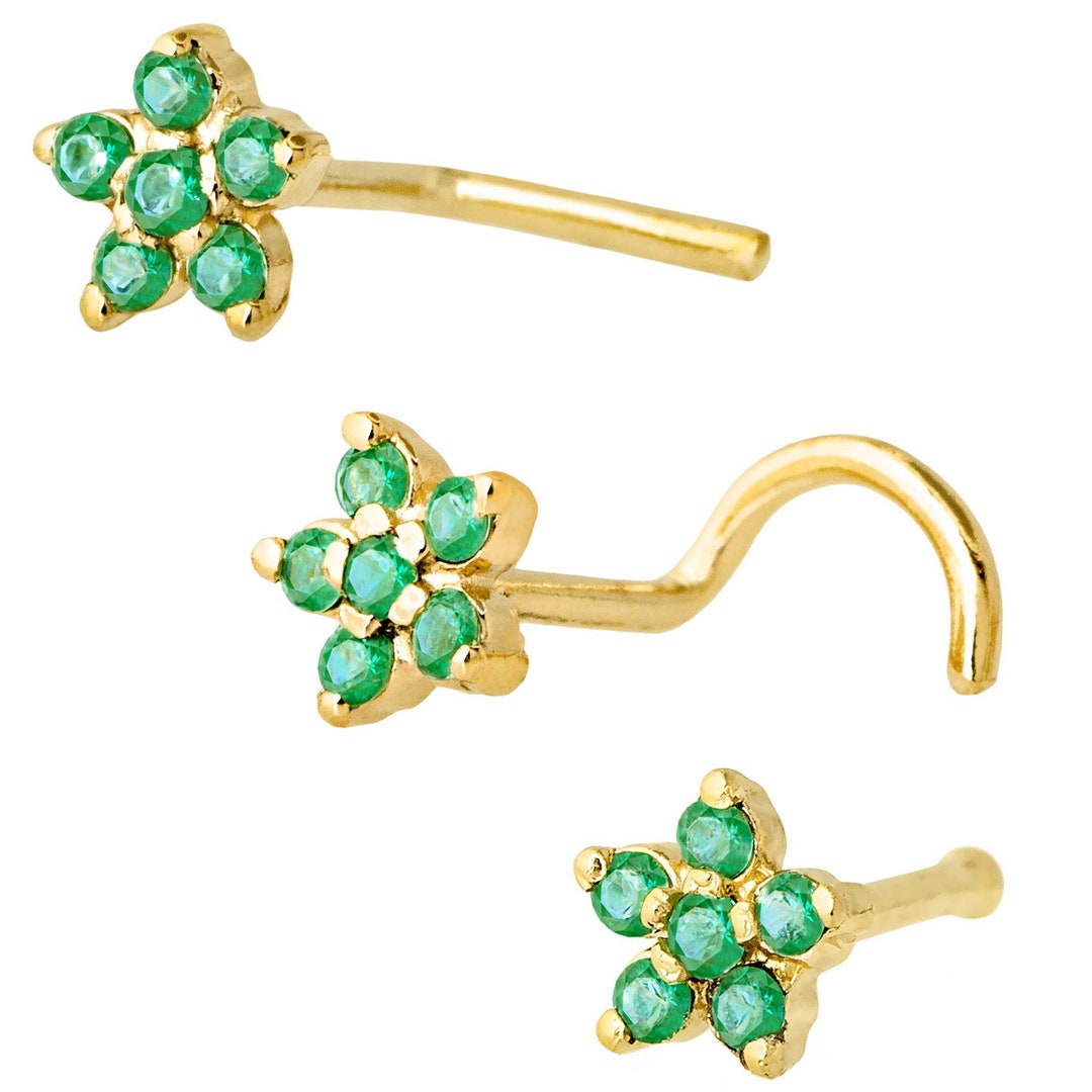 6-stone Emerald Flower Nose Ring 22G Solid 14kt Gold Nose Stud, Nose ...