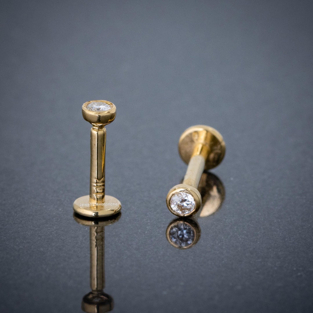 16G 14kt Gold Bezel Set 2mm Moissanite Labret Stud, Monroe Lip Ring ...