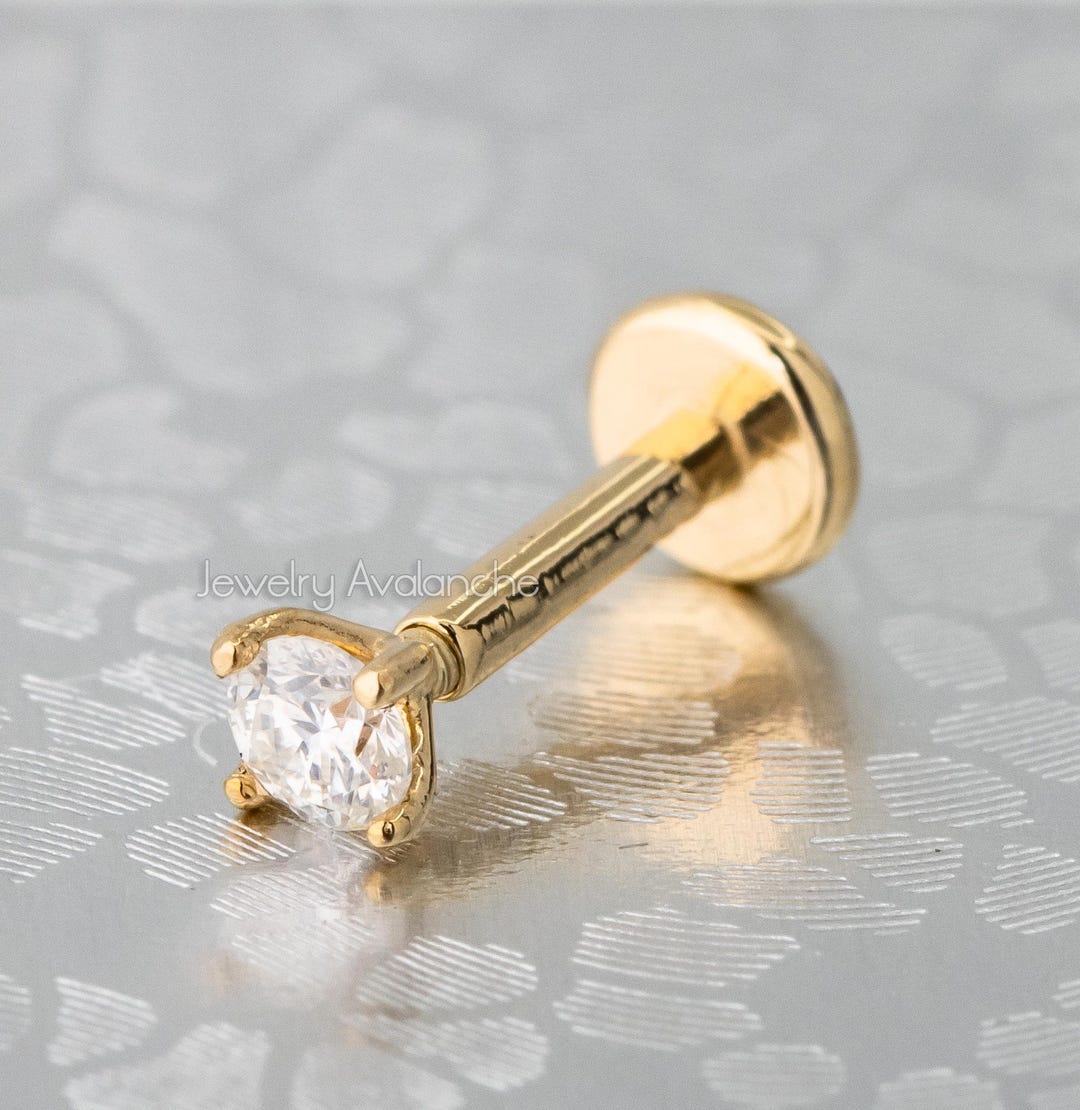 16G 14kt Gold Round Moissanite Labret Stud, Monroe Lip Ring, Internally ...