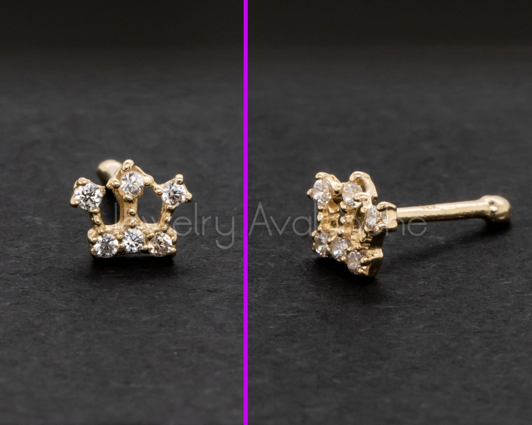 Solid 14kt Yellow Gold Crown Nose Bone Stud With Prong Set CZ, 22G Ball ...