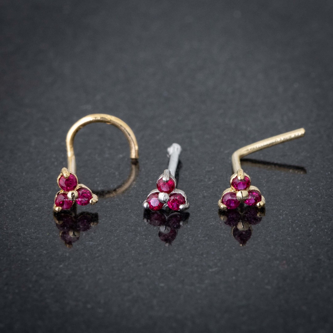 3-stone Ruby Nose Ring 22G Solid 14kt Gold Nose Stud, Nose Screw Stud ...