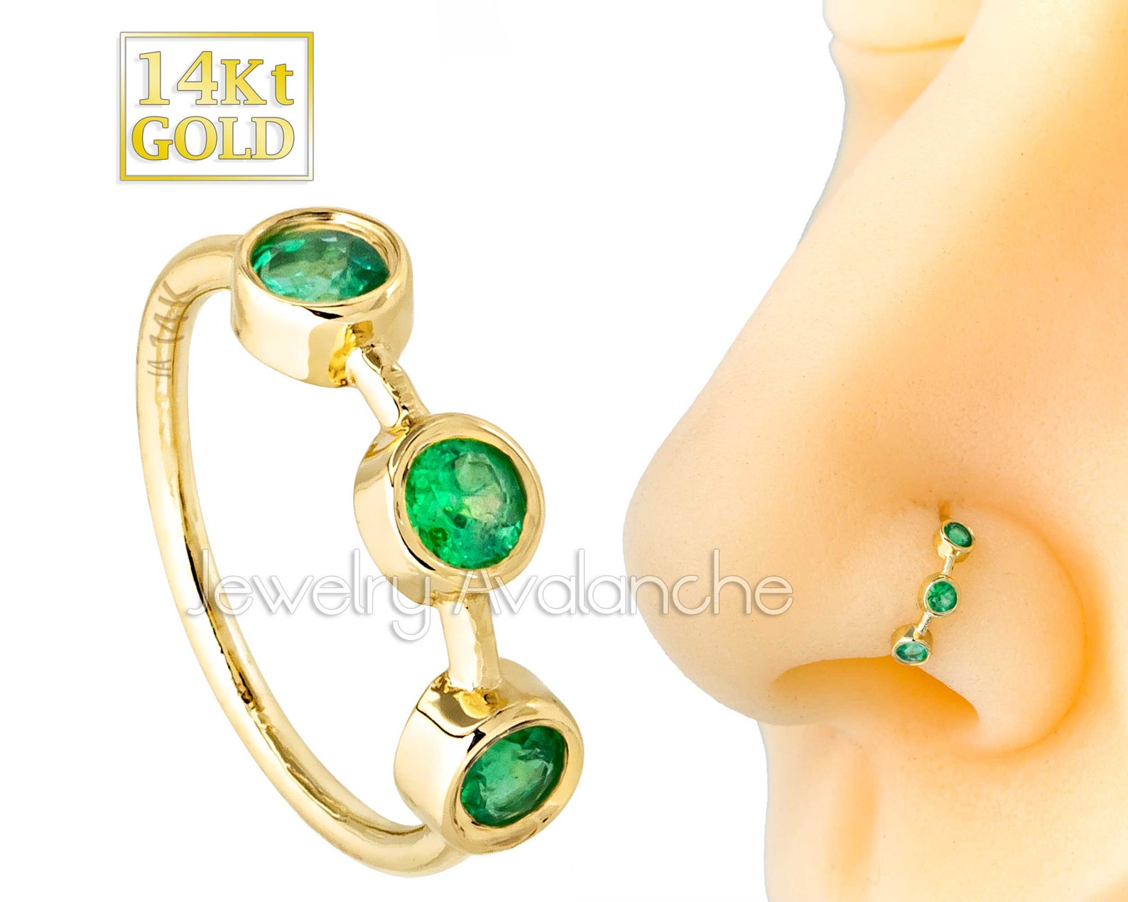 20g Solid 14kt Yellow Gold Nose Ring Bezel Set Emerald Nose Hoop, Cartilage Helix Ring, Tragus ...