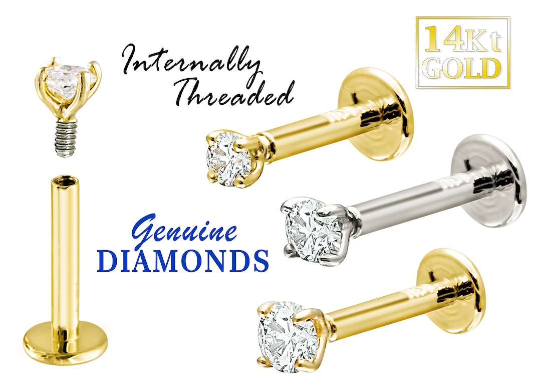 14K Yellow Gold Diamond Labret Stud, 6mm-8mm 16G Post Monroe Lip Ring ...
