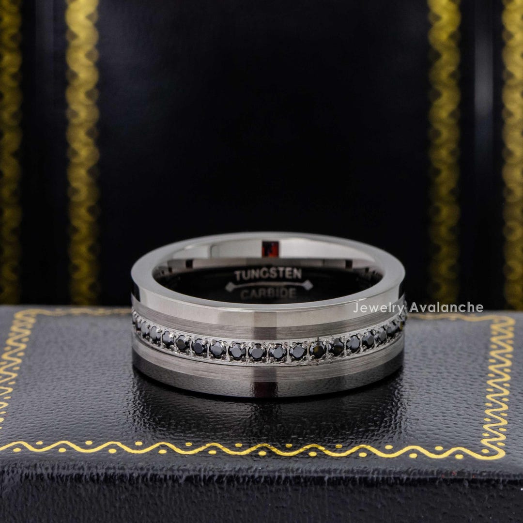Black CZ Accented Tungsten Eternity Ring, Gunmetal Tungsten Carbide ...