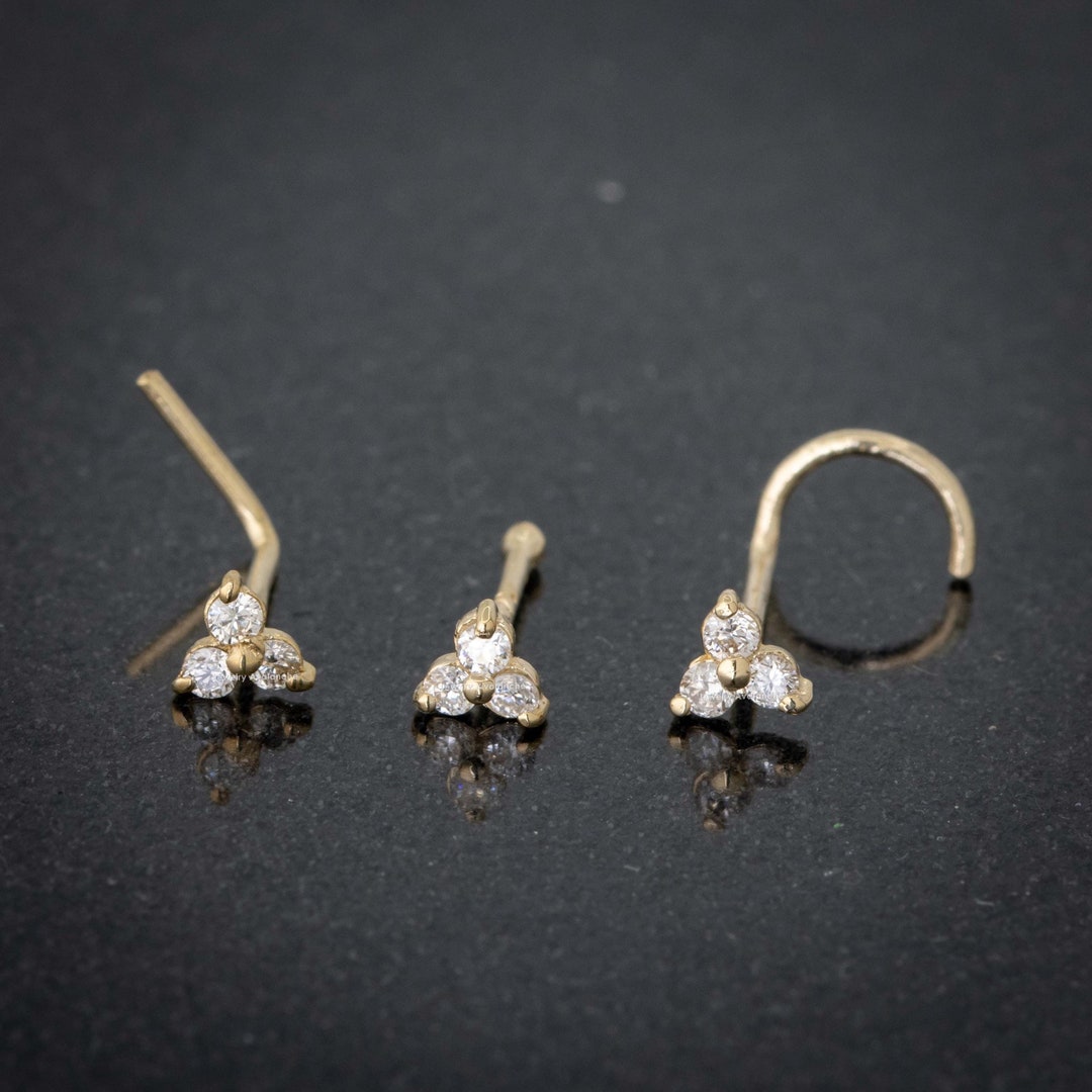 22G Solid 14K Gold 3-stone Diamond Nose Stud .03 Ctw Prong Set Diamond ...