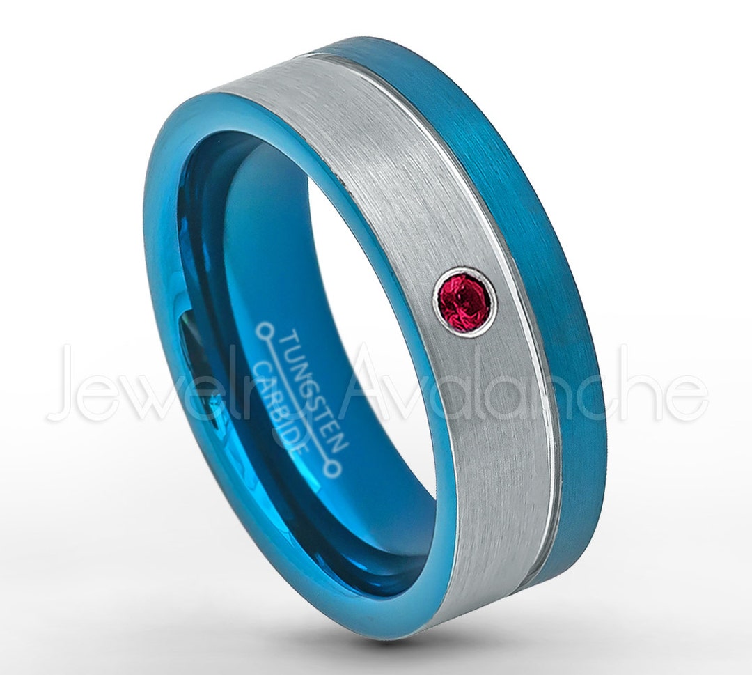 2-tone Pipe Cut Tungsten Ring, 0.07ct Solitaire Ruby Ring, Blue IP ...