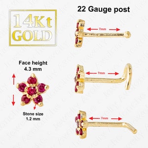 6-stone Ruby Flower Nose Ring 22G Solid 14kt Gold Nose Stud, Nose Screw ...