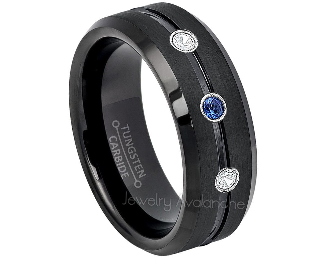Anello in tungsteno con pietre preziose e diamanti a 3 pietre, fede ...