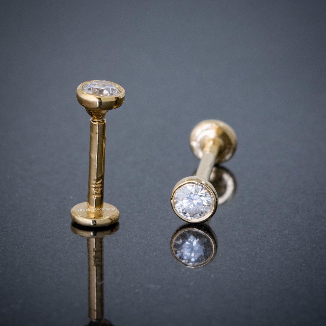 16G 14kt Gold Bezel Set 3mm Moissanite Labret Stud, Monroe Lip Ring ...