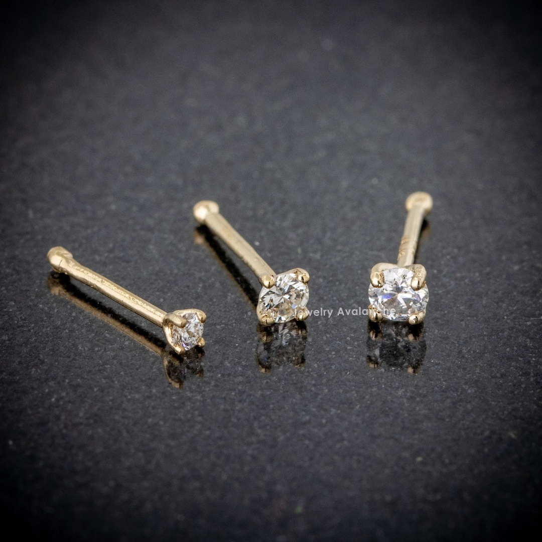 Solid 14K Gold Diamond Ball-end Nose Ring Stud, 22G Nose Bone Stud ...