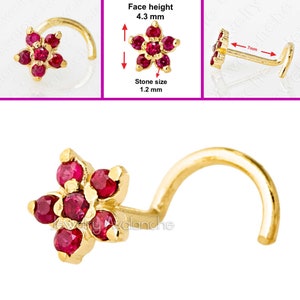 6-stone Ruby Flower Nose Ring 22G Solid 14kt Gold Nose Stud, Nose Screw ...