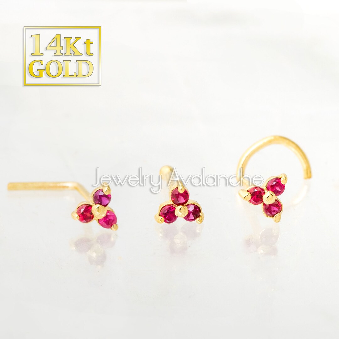 3-stone Ruby Nose Ring 22G Solid 14kt Gold Nose Stud, Nose Screw Stud ...