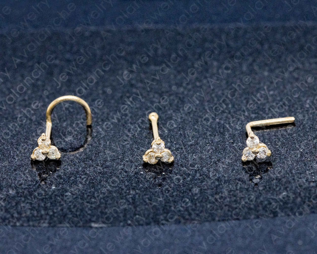 22G Solid 14kt Gold Nose Stud 0.030 Carat Prong Set 3-stone Moissanite ...