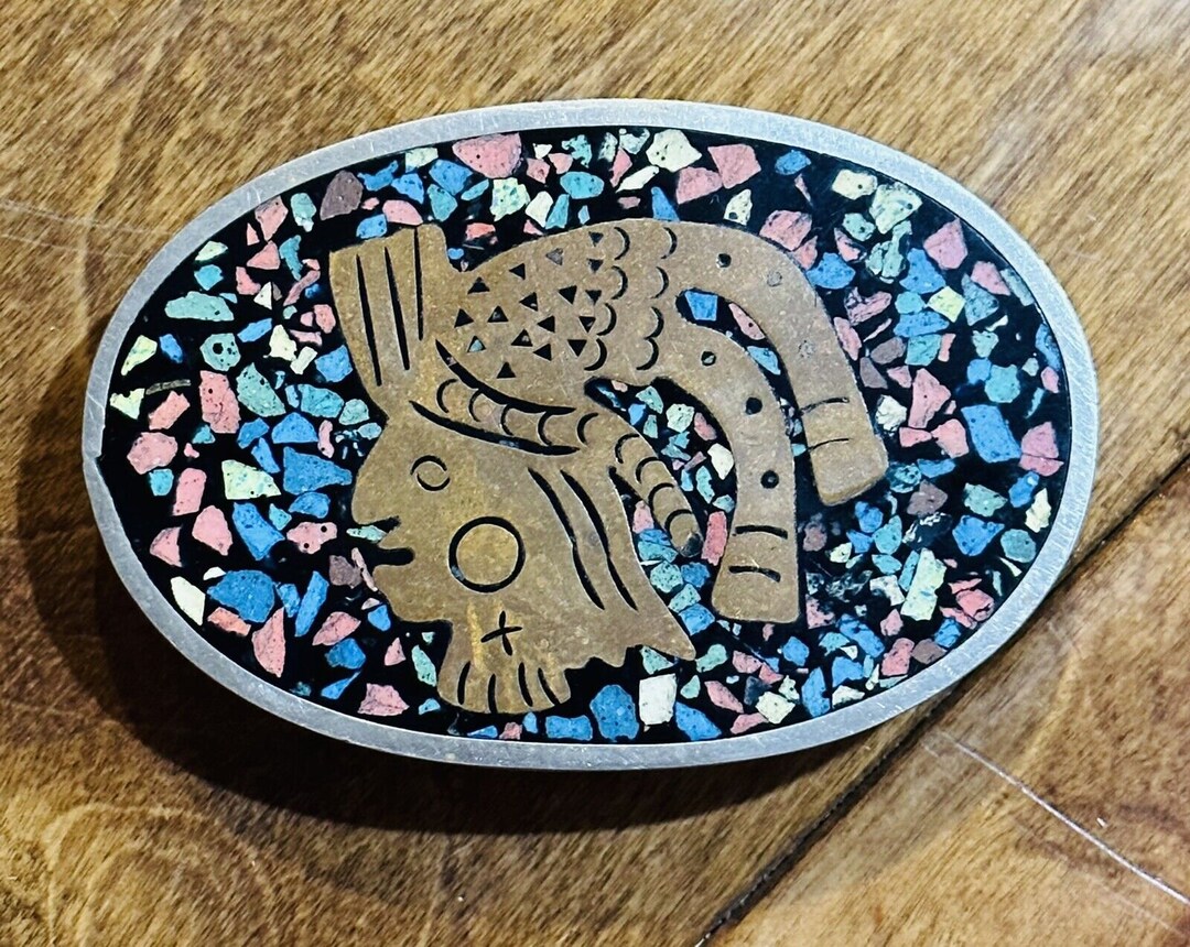 Vintage Inlaid Turquoise Mexico Silver Belt Buckle, Alpaca Belt Buckle ...