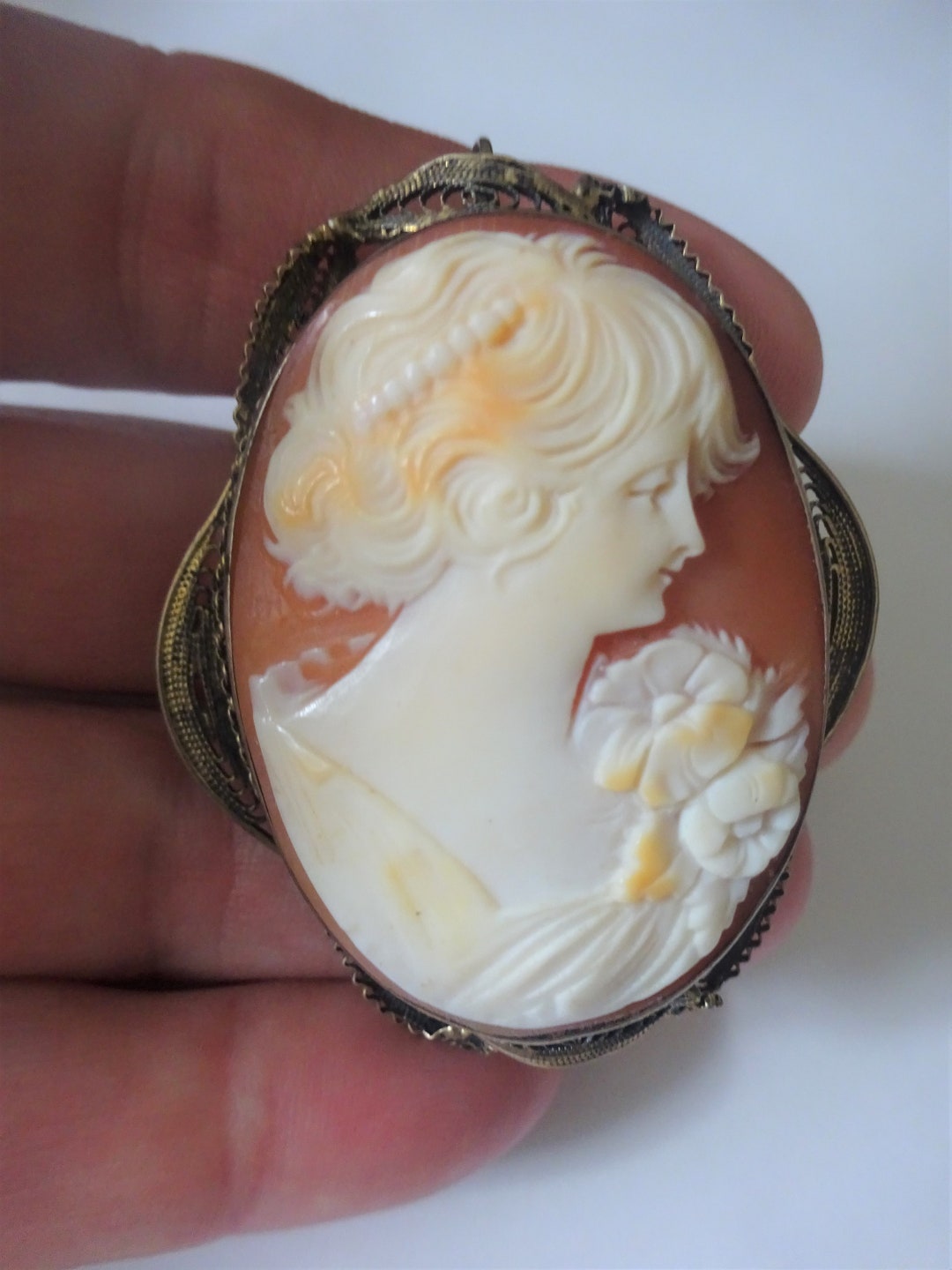Vintage, Italian Gold Over Sterling, Filigree, Cameo Brooch Pin and ...