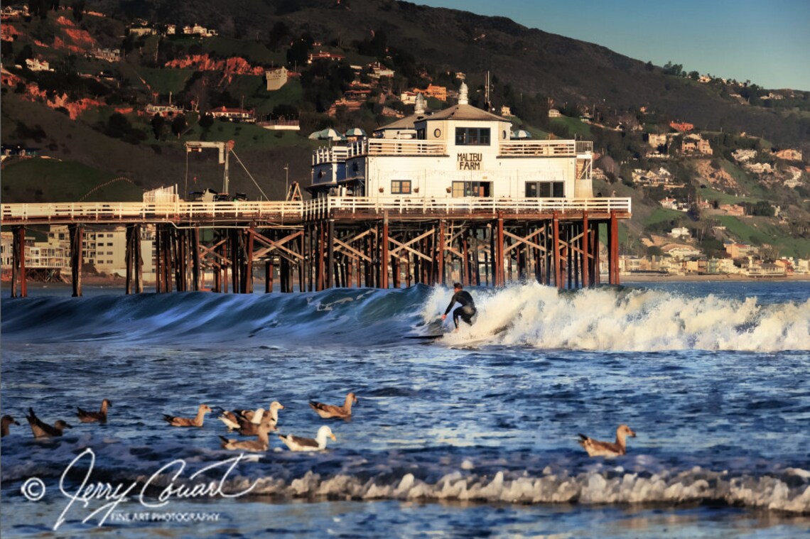 Beach Waves and Surfer at Malibu Beach Pier Art Print, Malibu Pier Photography Print, Seascape ...