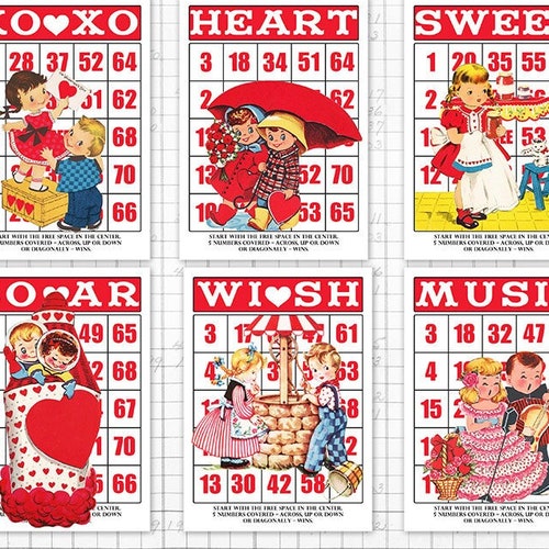 Digital Retro Decorative Valentine Bingo Cards for Scrapbook & - Etsy