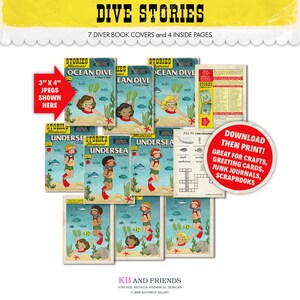 Retro Girl & Boy Divers Printable Book Covers Cards for Crafts, Junk ...