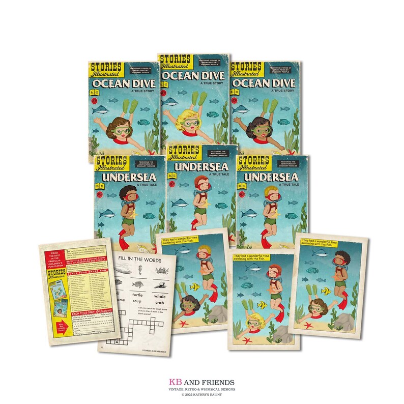 Retro Girl & Boy Divers Printable Book Covers Cards for Crafts, Junk ...