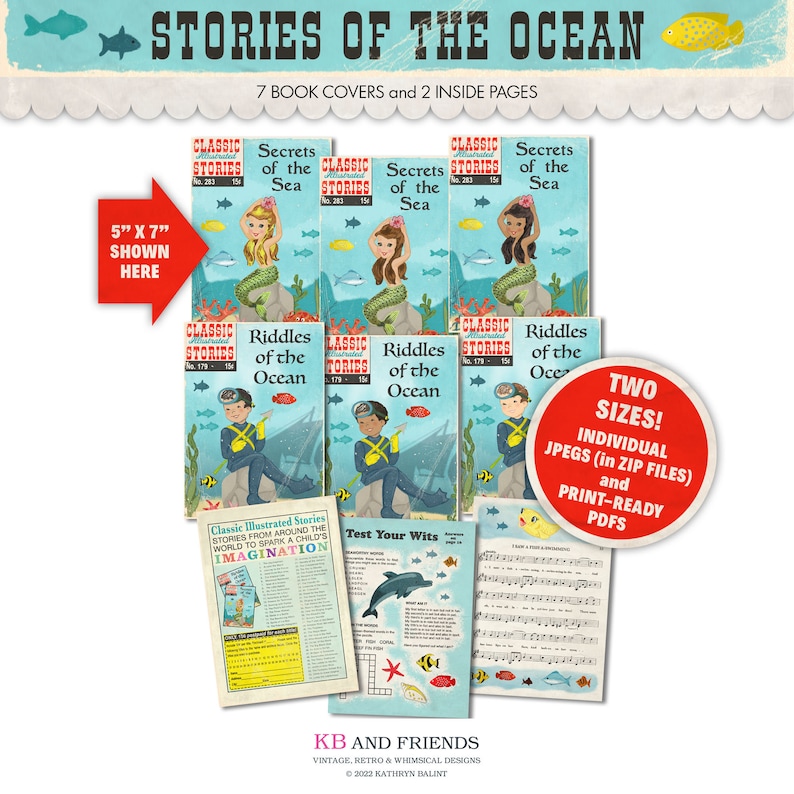 Retro Ocean Stories Printable Book Covers and Cards Featuring Mermaids ...