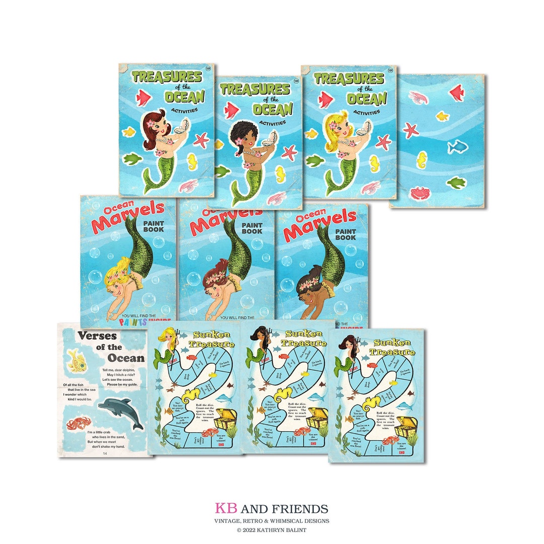 Retro Ocean Mermaids Printable Kid's Book Covers or Cards for Crafts ...