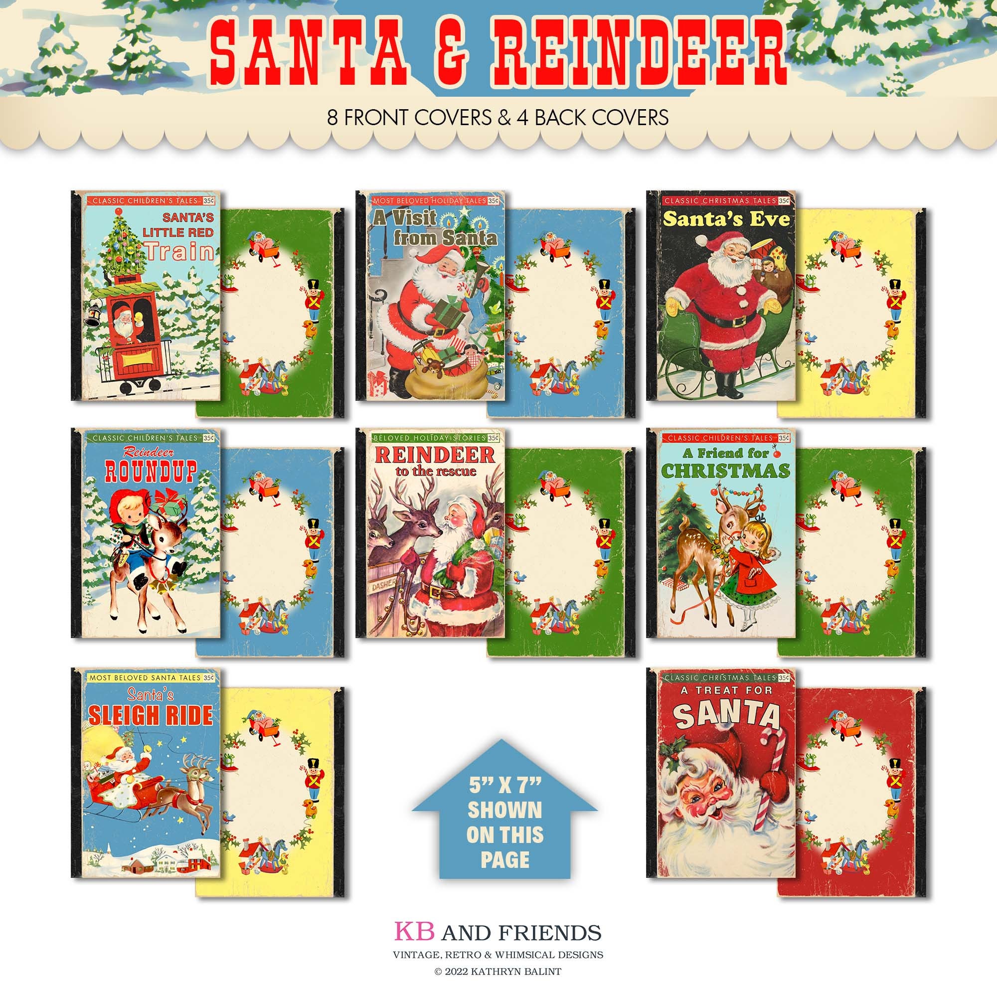 Retro Style Santa and Reindeer Christmas Book Covers: Printable ...