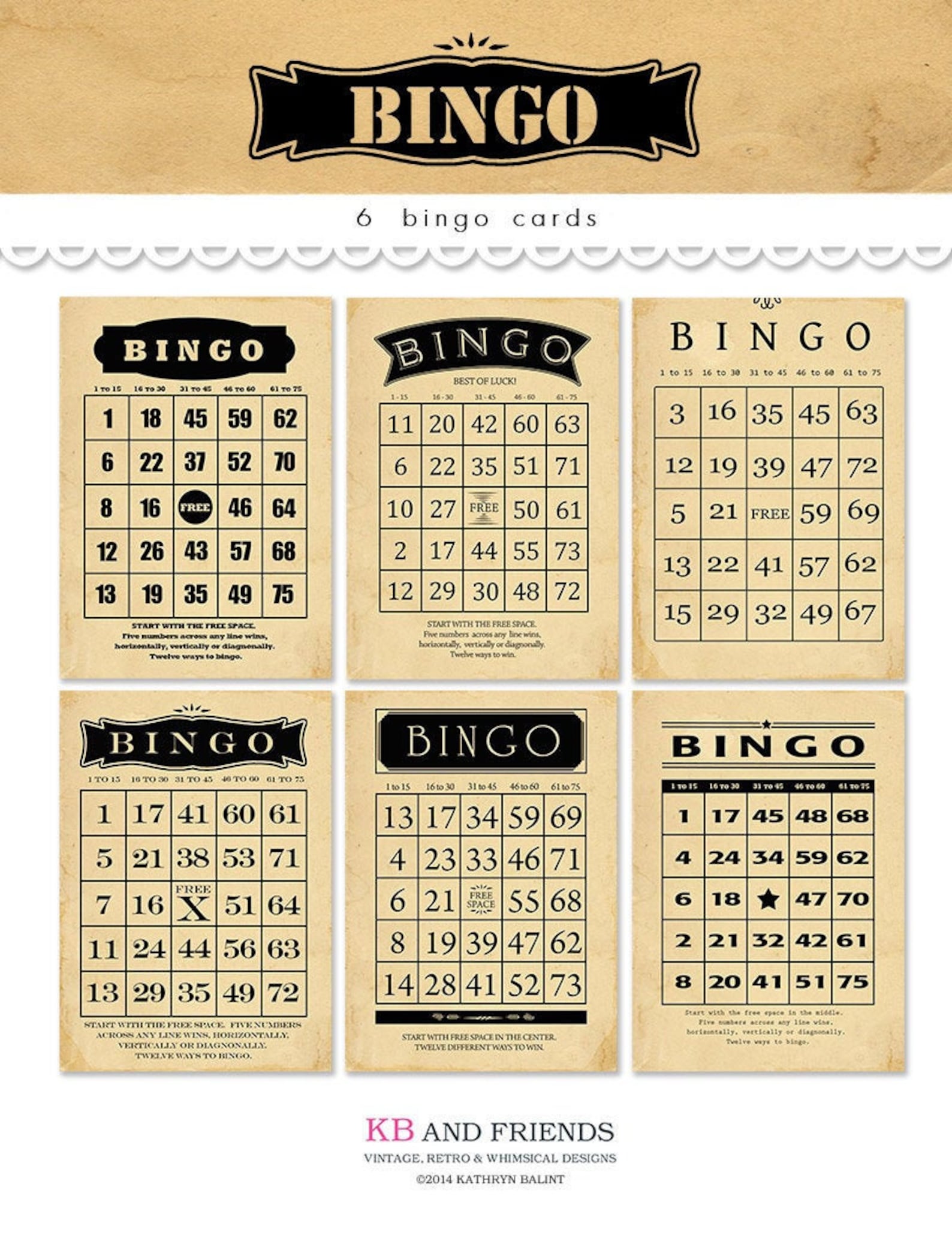 Printable Vintage Bingo Cards for Crafts / Black Tan Bingo - Etsy