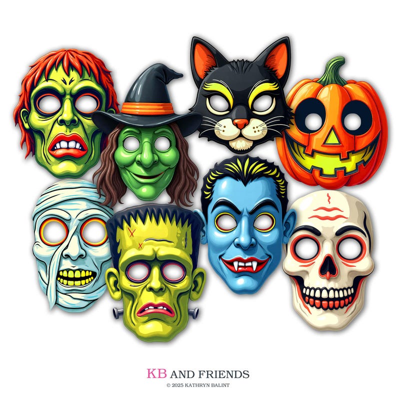8 Spooky Halloween Masks: Vintage Style Printable Witch, Mummy, Monster ...