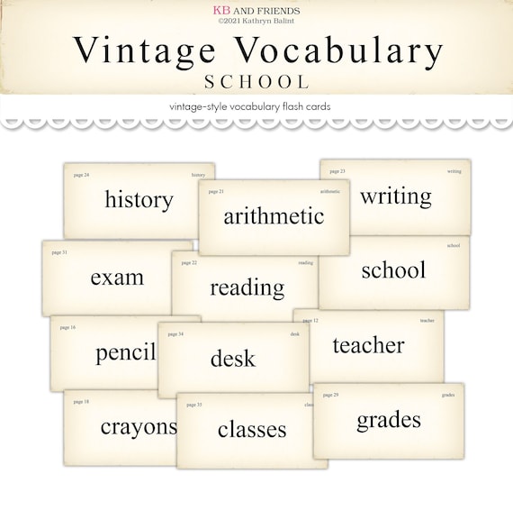 Digital Vintage School Vocabulary Flashcards for junk journals ...