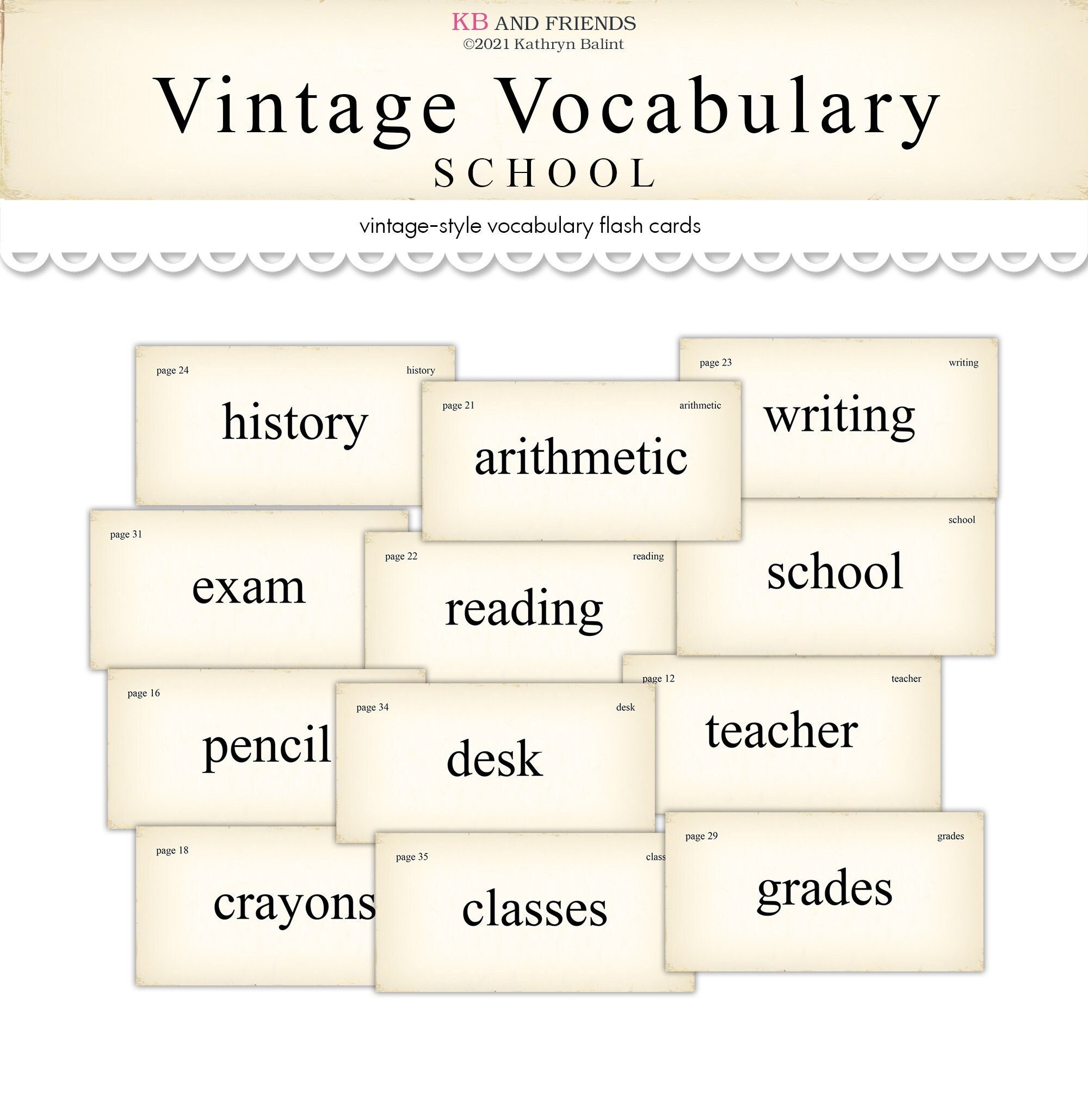 Digital Vintage School Vocabulary Flashcards for Junk Journals ...